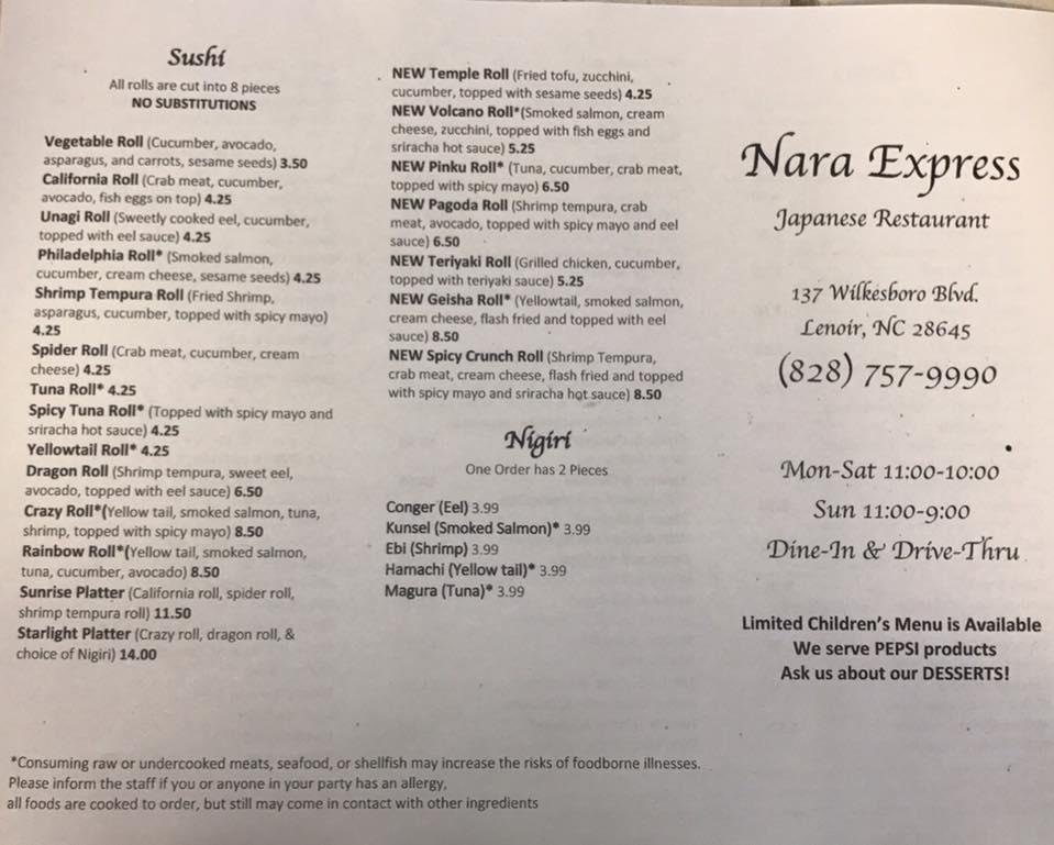 Menu at Nara Express restaurant, Lenoir