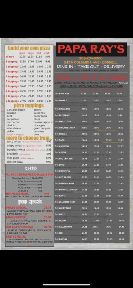 Carta de pizzería Papa Ray's, Connell