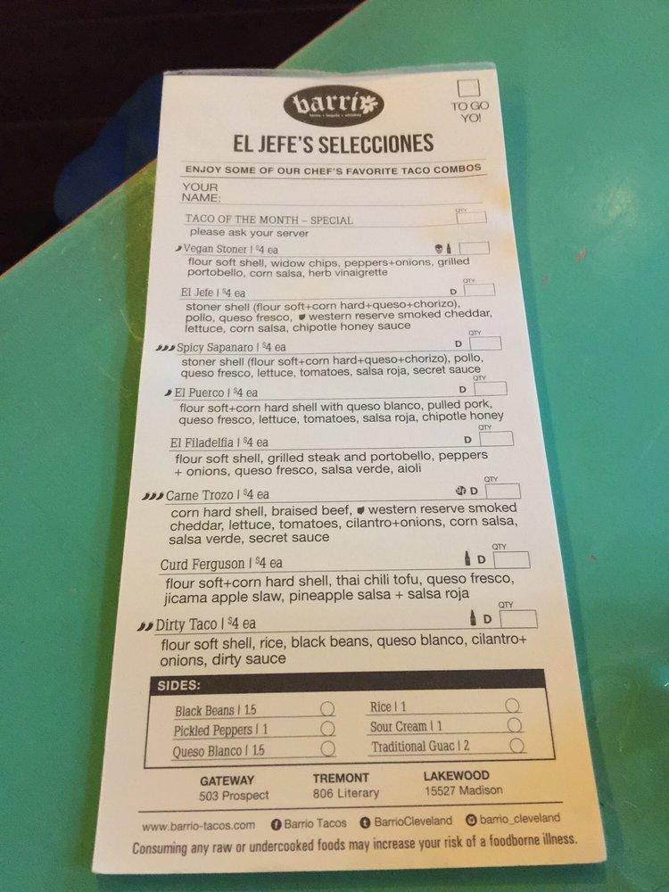 Menu at Barrio Gateway, Cleveland, 503 Prospect Ave E