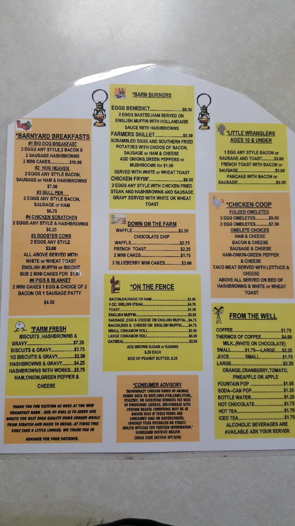 Menu at Breakfast Barn (formerly Keglers), Spirit Lake