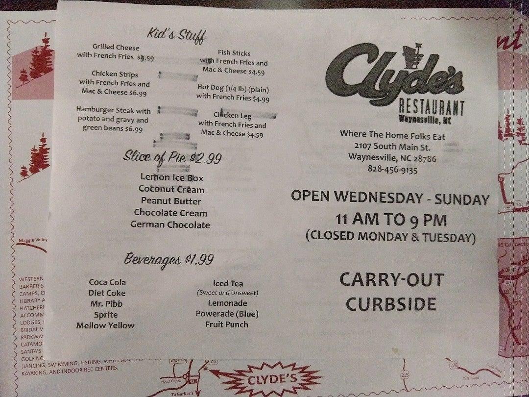 Menu at Clyde's Restaurant, Waynesville