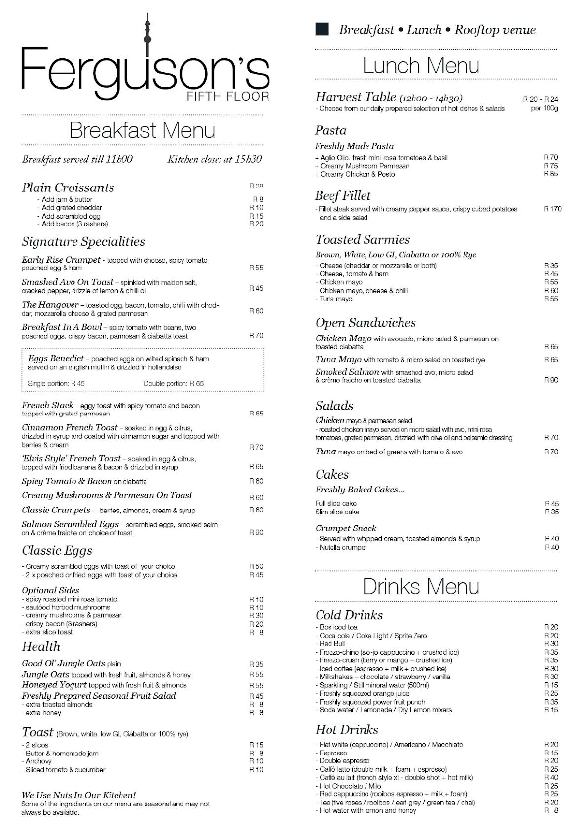 Menu at Ferguson's 5th Floor restaurant, Sandton