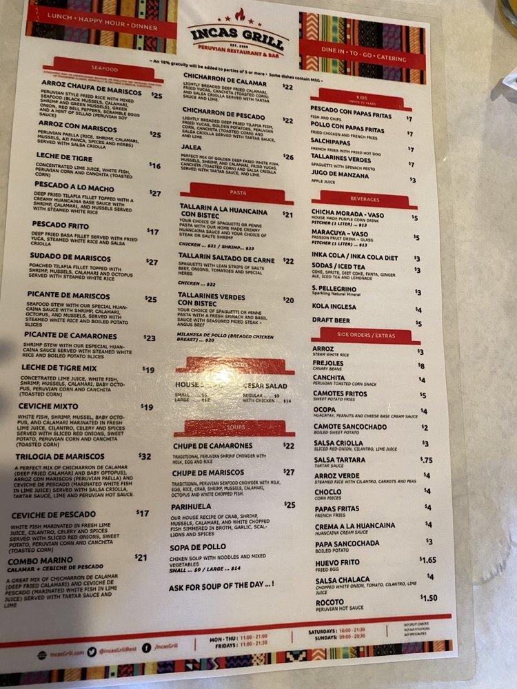 Menu at Incas Grill Peruvian Restaurant & Bar, Concord