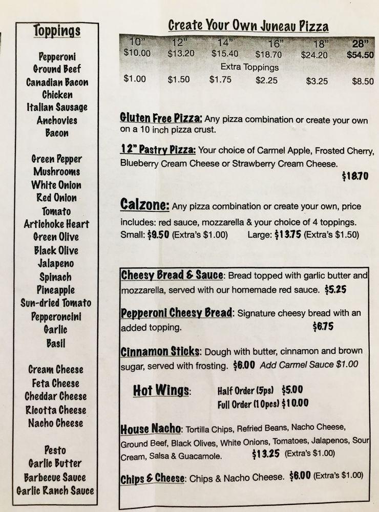 Menu at Juneau Pizza pizzeria, Juneau