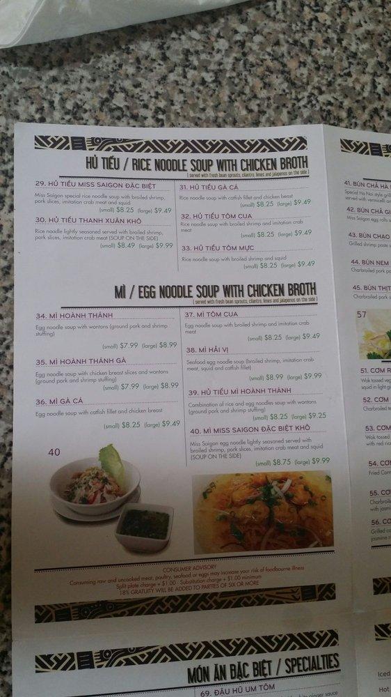Menu at Miss Saigon restaurant, Tucson, N Campbell Ave