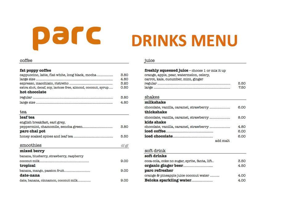 Carta de PARC. Cafe, Jindabyne, 49 Kosciuszko Rd