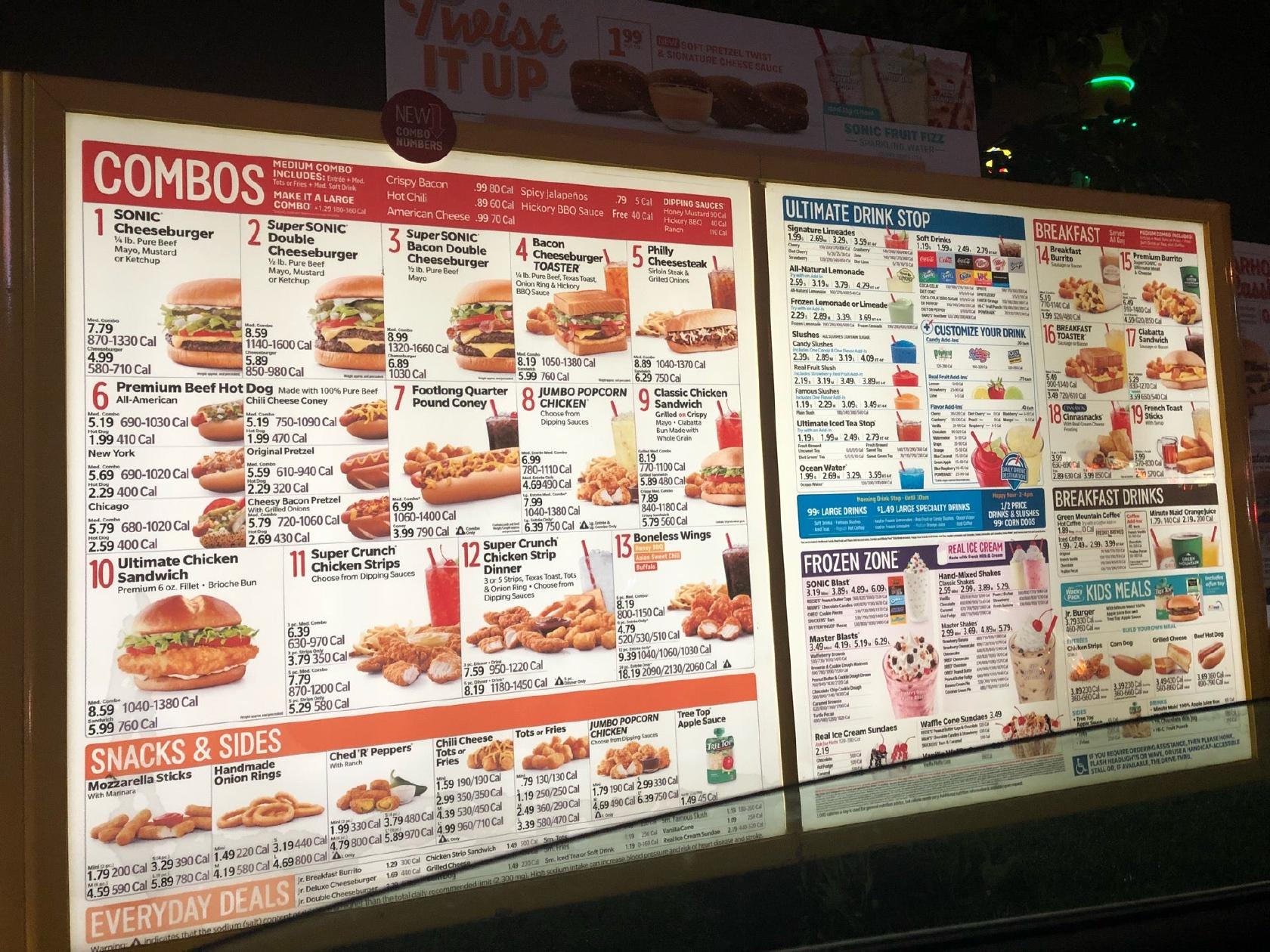 Menu at Sonic Drive-In fast food, New York City, 148 Page Ave