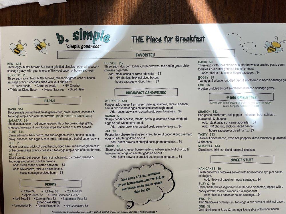 Menu at b. simple restaurant, Prescott