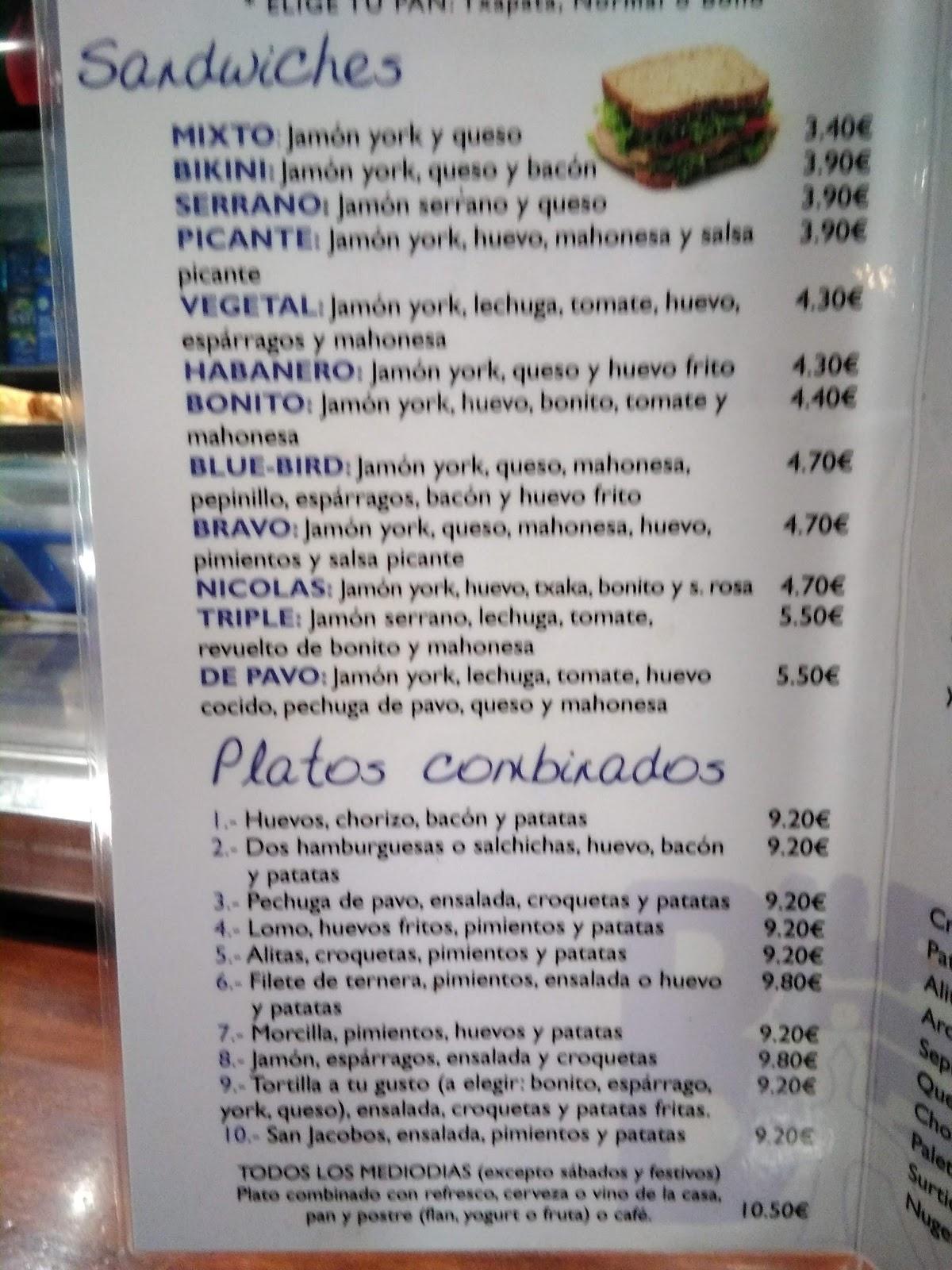 Menu at Blue-Bird restaurant, Barakaldo