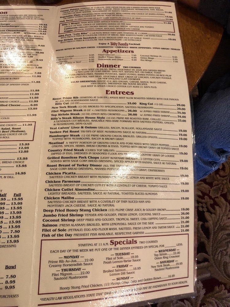 Menu at Billy Reed's Palm Springs restaurant, Palm Springs
