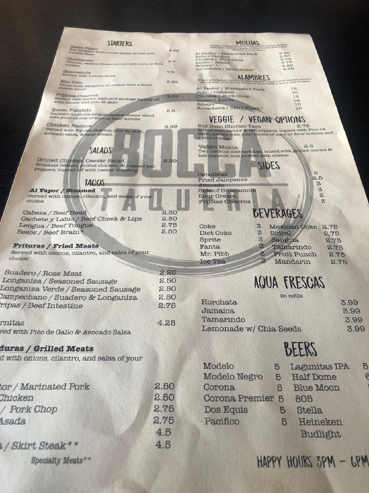Menu at Bocca Taquería Inc. restaurant, Fresno