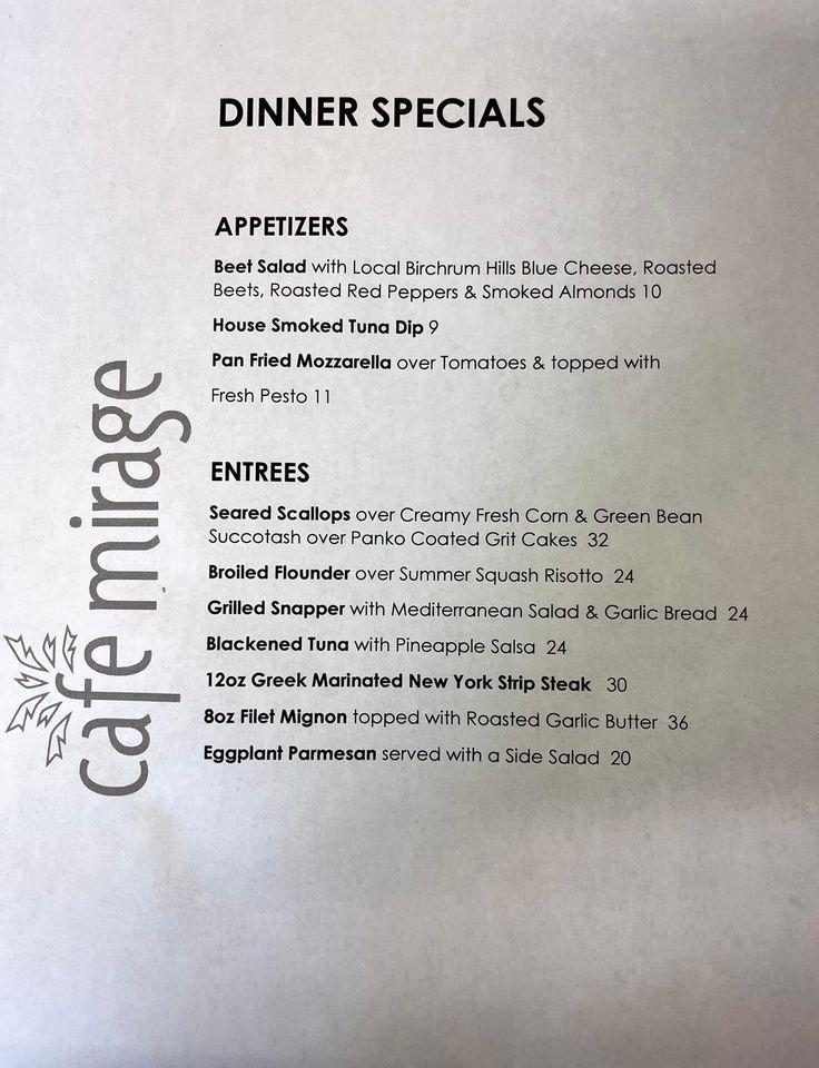Menu at Cafe Mirage, Ocean City