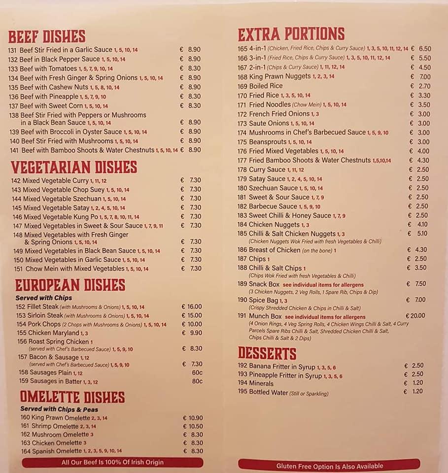 Menu at Ho Kee Chinese Restaurant, Bandon