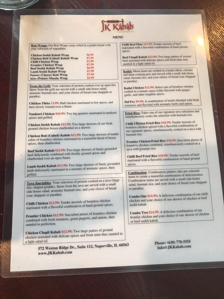 Menu at JK Kabab restaurant, Naperville