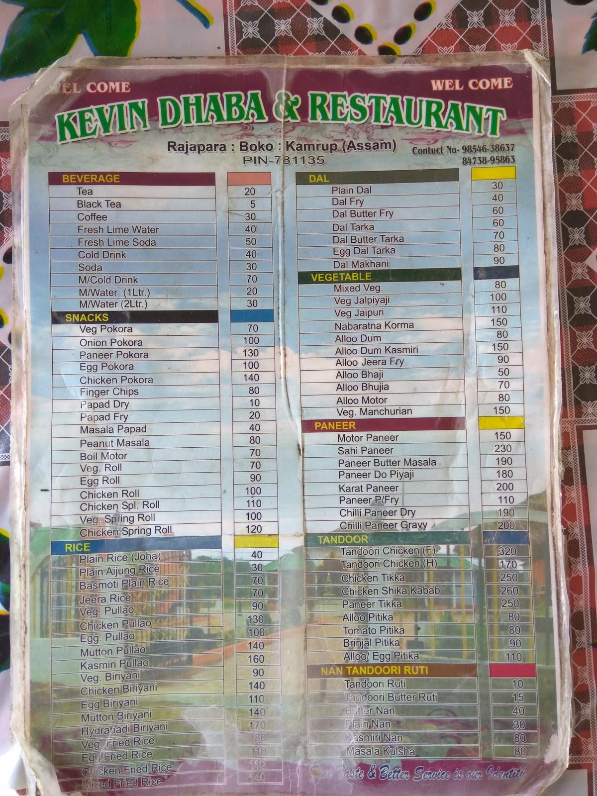 Menu at Kevin Dhaba and Restaurant, India
