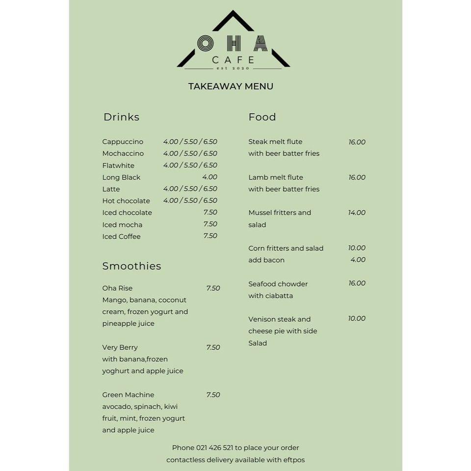 Menu at OHA Cafe, Waiuku