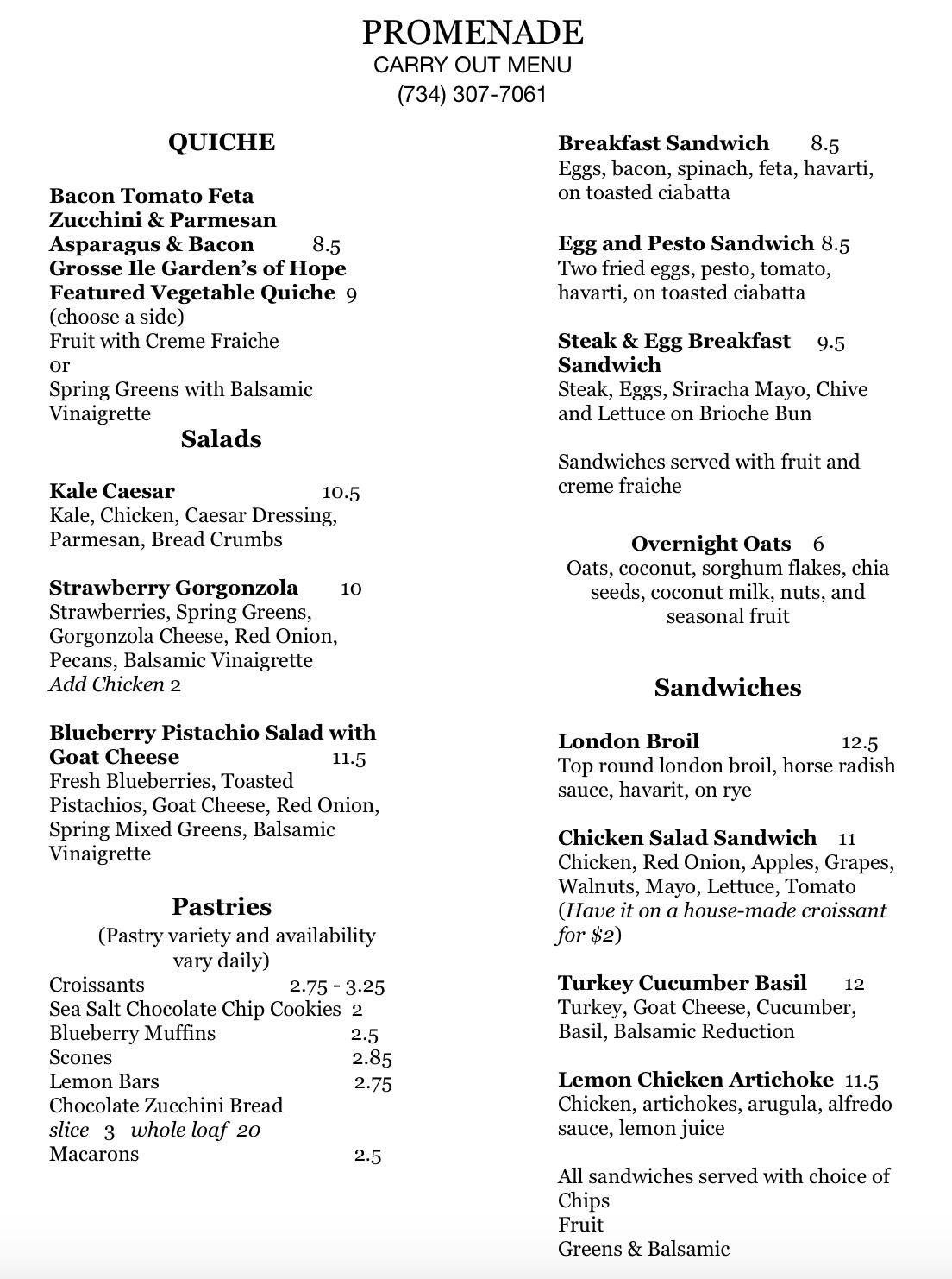 Menu at Promenade Artisan foods cafe, Trenton