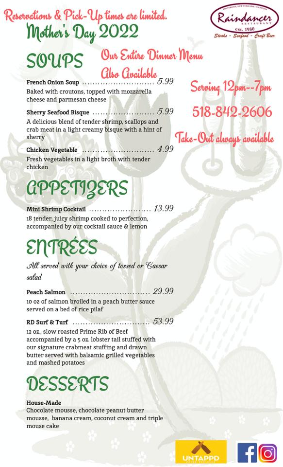 Menu at Raindancer Restaurant, Amsterdam, State Highway 30