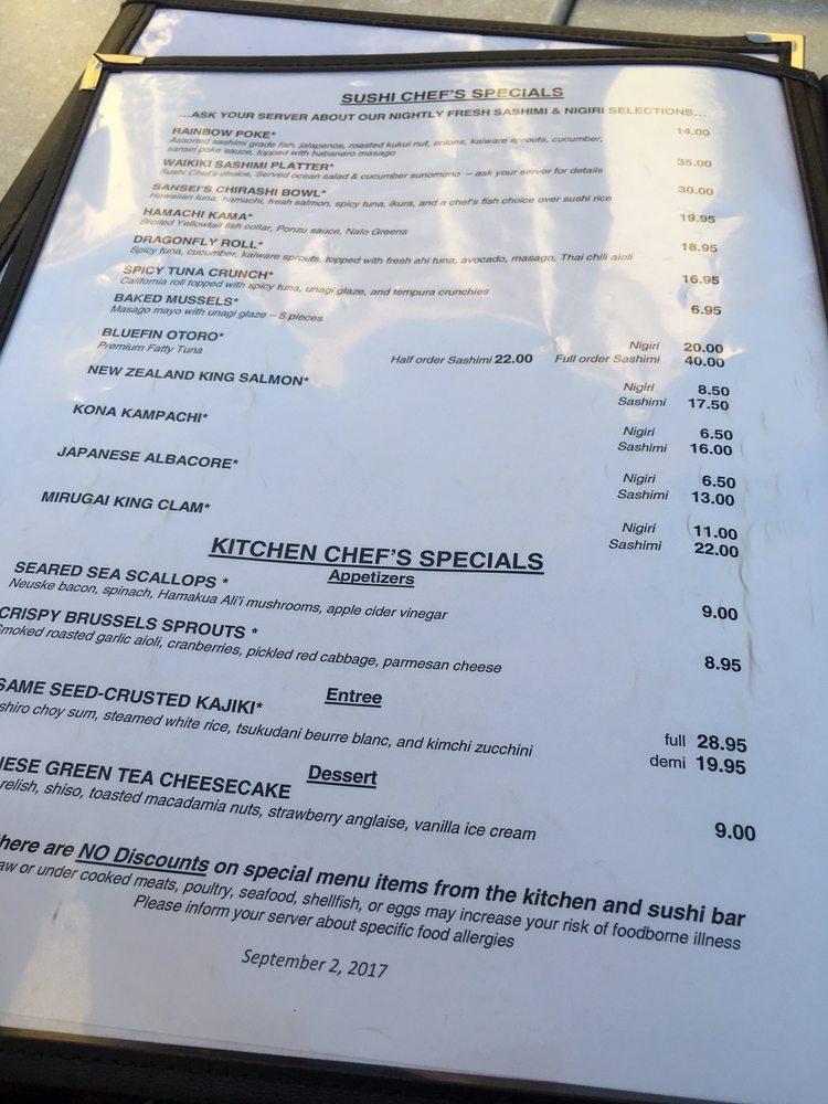 Menu at Sansei Seafood Restaurant & Sushi Bar, Honolulu