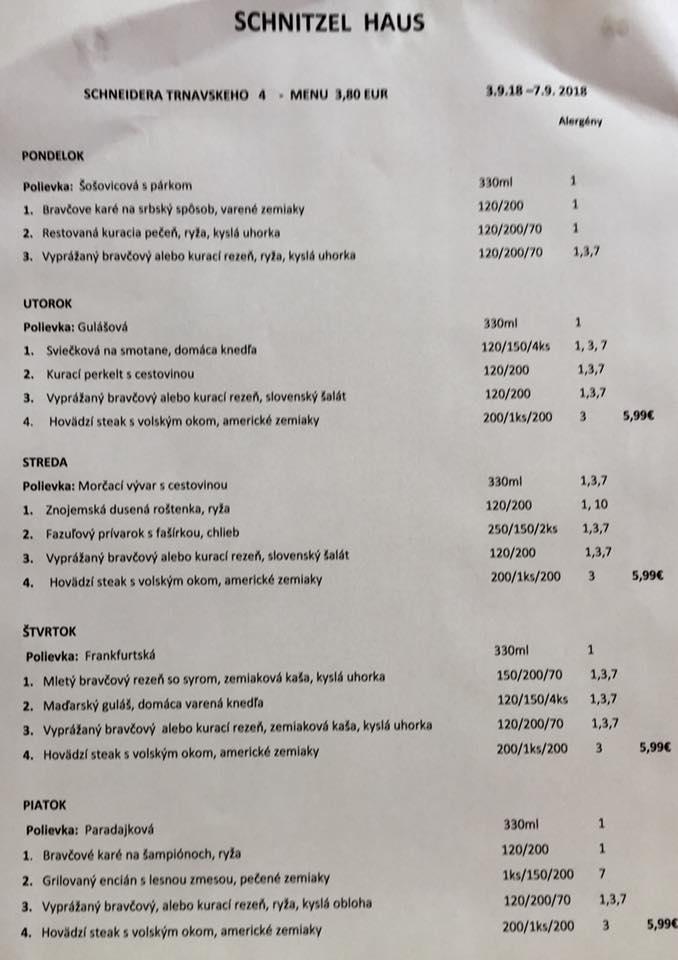 Menu at Schnitzel Haus restaurant, Bratislava