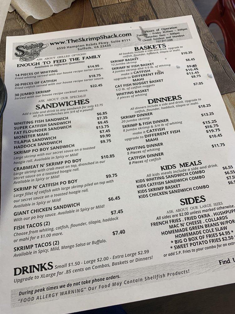 Menu at Skrimp Shack restaurant, Suffolk, Hampton Roads Pkwy St 111