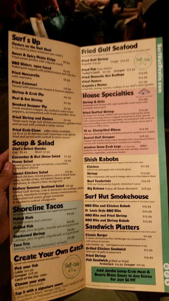 Menu at Surf Hut restaurant, Destin