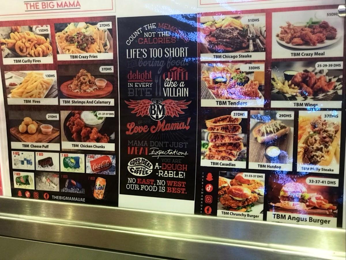 Menu at The Big Mama restaurant, UAE, 57J3+Q83 Heli Pad