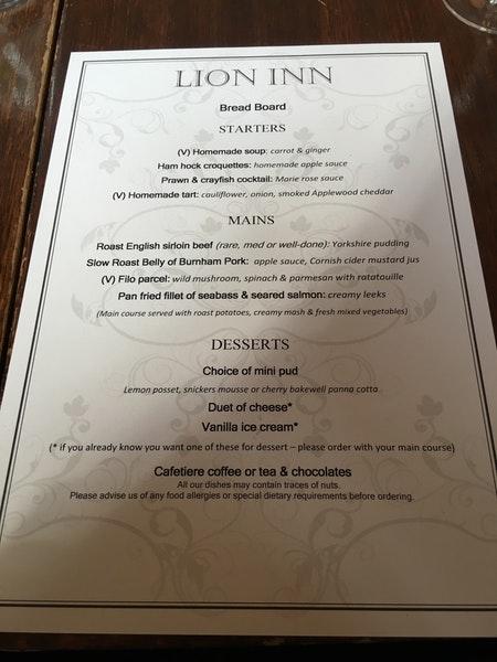 Menu at The Lion Inn restaurant, Chelmsford