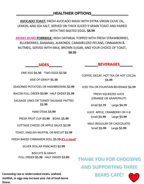 Menu at Three Bear's Cafe, Heber-Overgaard