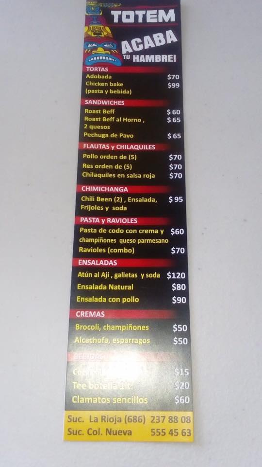 Menu at Totem restaurant, Mexicali