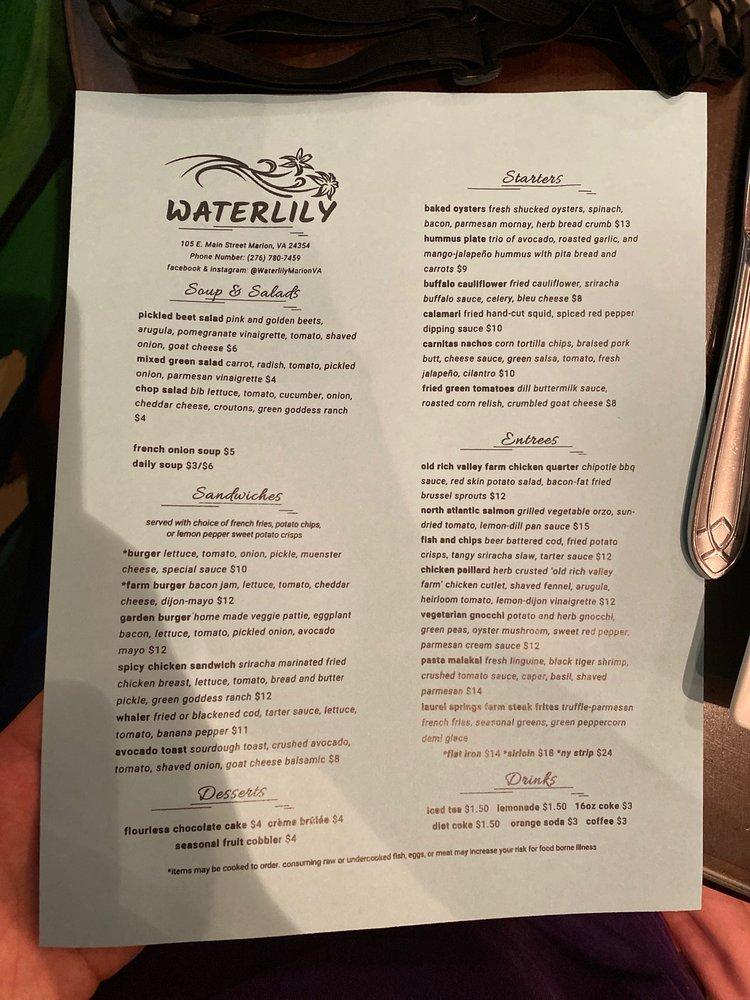 Menu at Waterlily restaurant, Marion