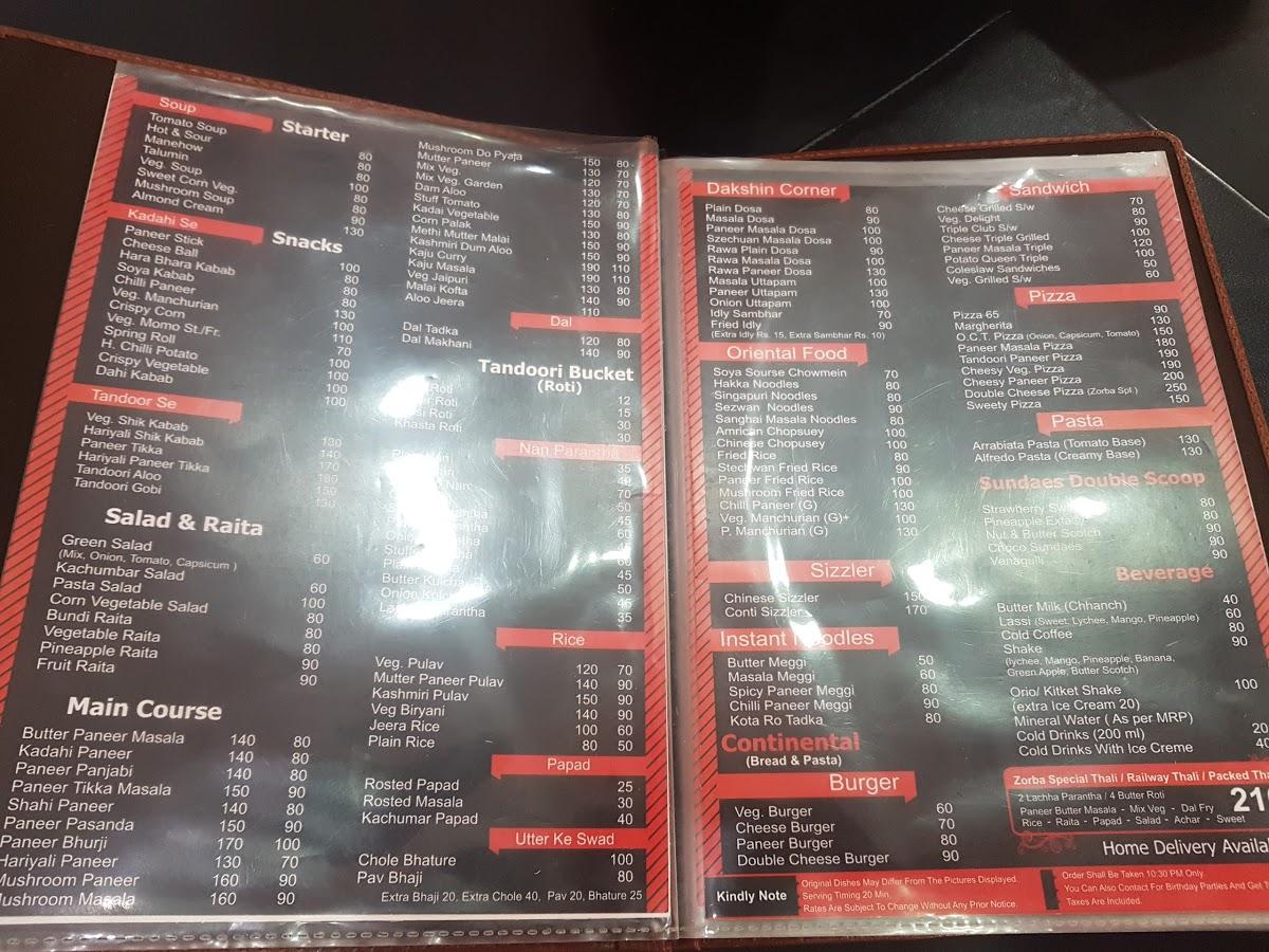 Menu at Zorba, Kota, MPB-62