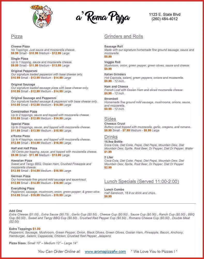 Menu at a'Roma Pizza pizzeria, Fort Wayne