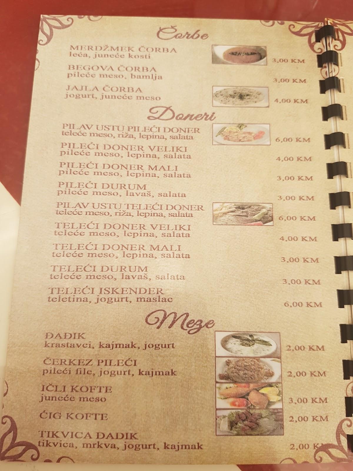 Menu at Antep Sofrasi restaurant, Tuzla