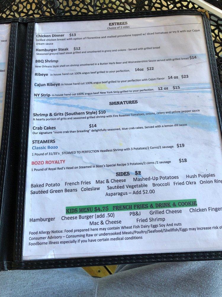 Menu at Bozos Too pub & bar, Pascagoula