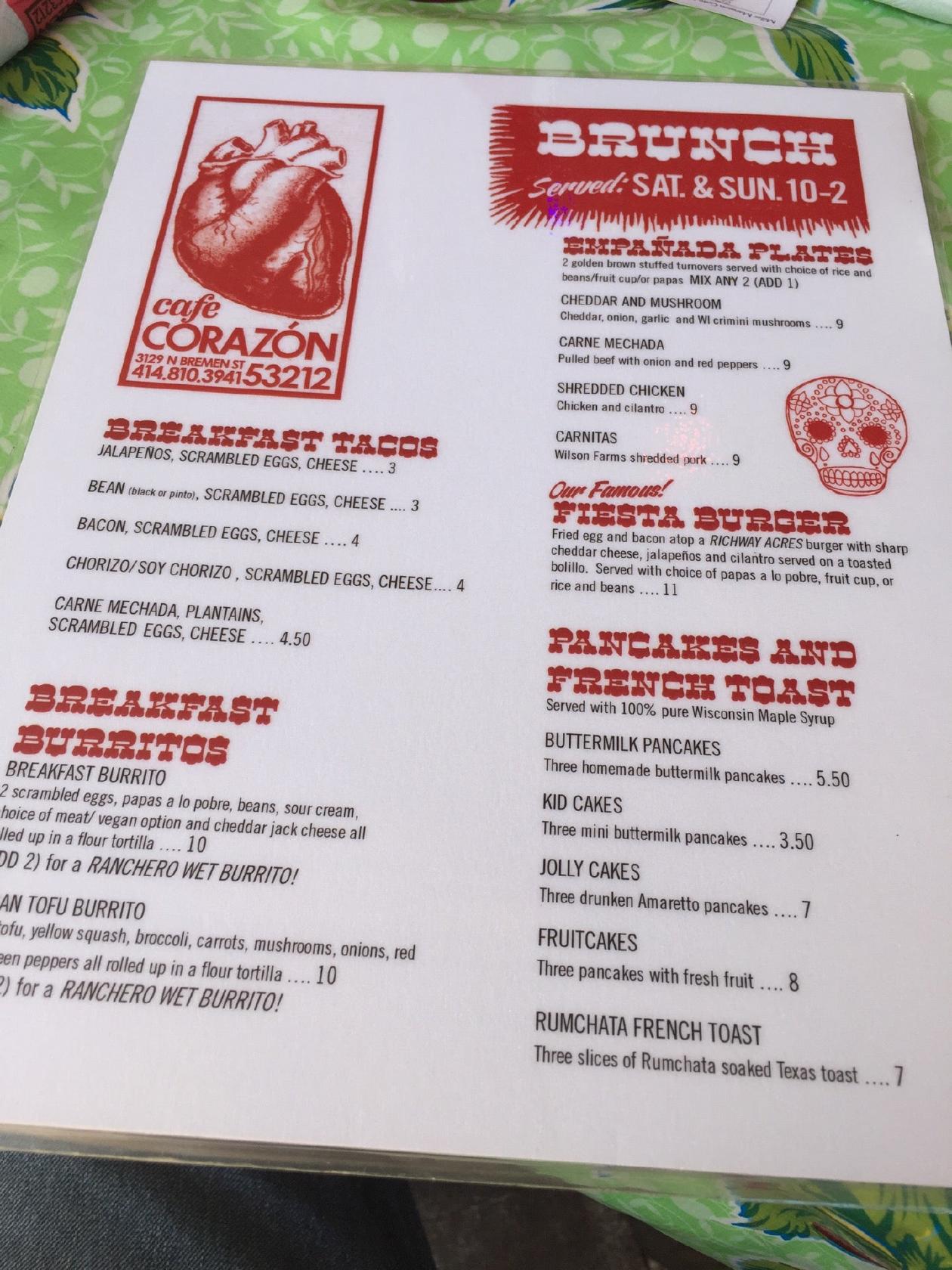Menu at Café Corazón pub & bar, Milwaukee, N Bremen St