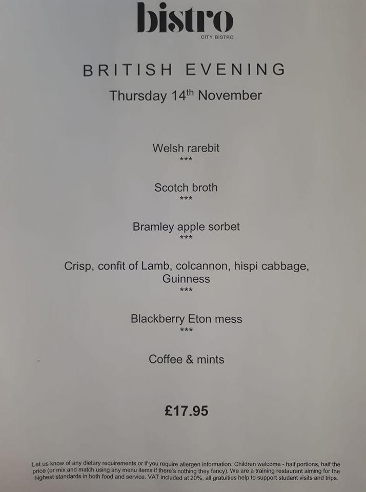 Menu at City Bistro - Sunderland College restaurant, Sunderland