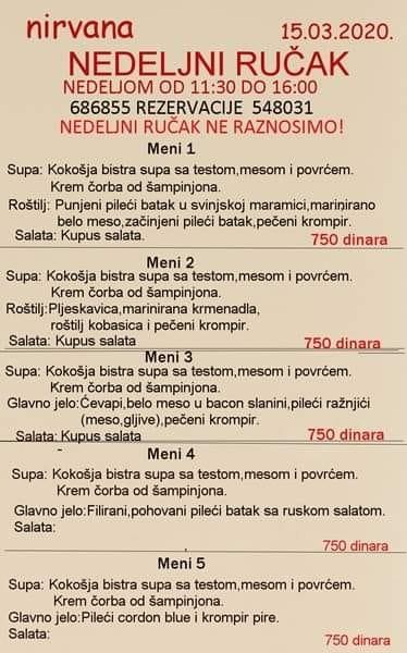 Menu at Nirvana restaurant, Subotica