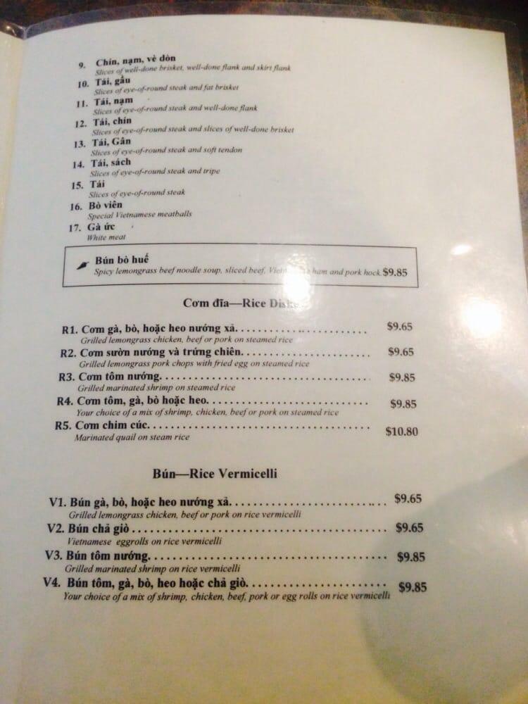Menu at Pho Van restaurant, Catonsville
