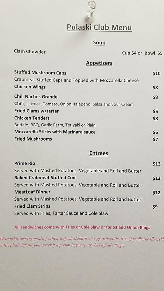 Menu at Pulaski Club, Easthampton