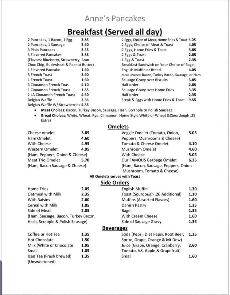 Menu at Anne's Pancakes restaurant, Elmira