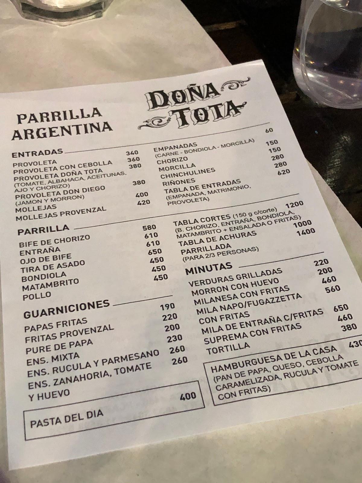 Menu at Doña Tota steakhouse, Buenos Aires