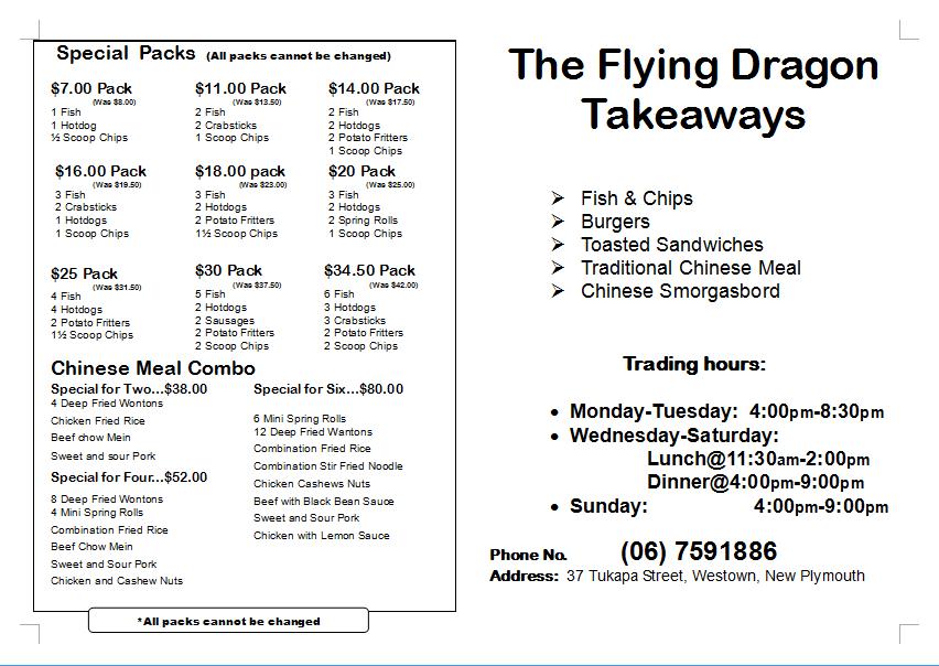 Menu at Flying Dragon Takeaways fast food, New Plymouth