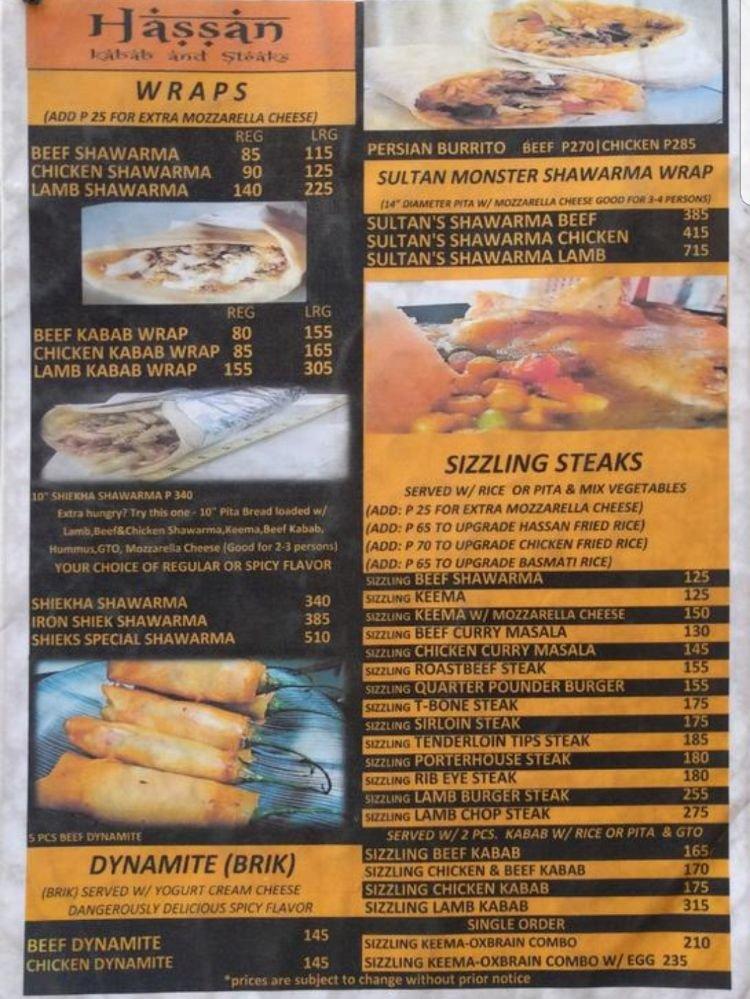 Menu at Hassan Kabab and Steaks pub & bar, Quezon City, Katipunan Ave