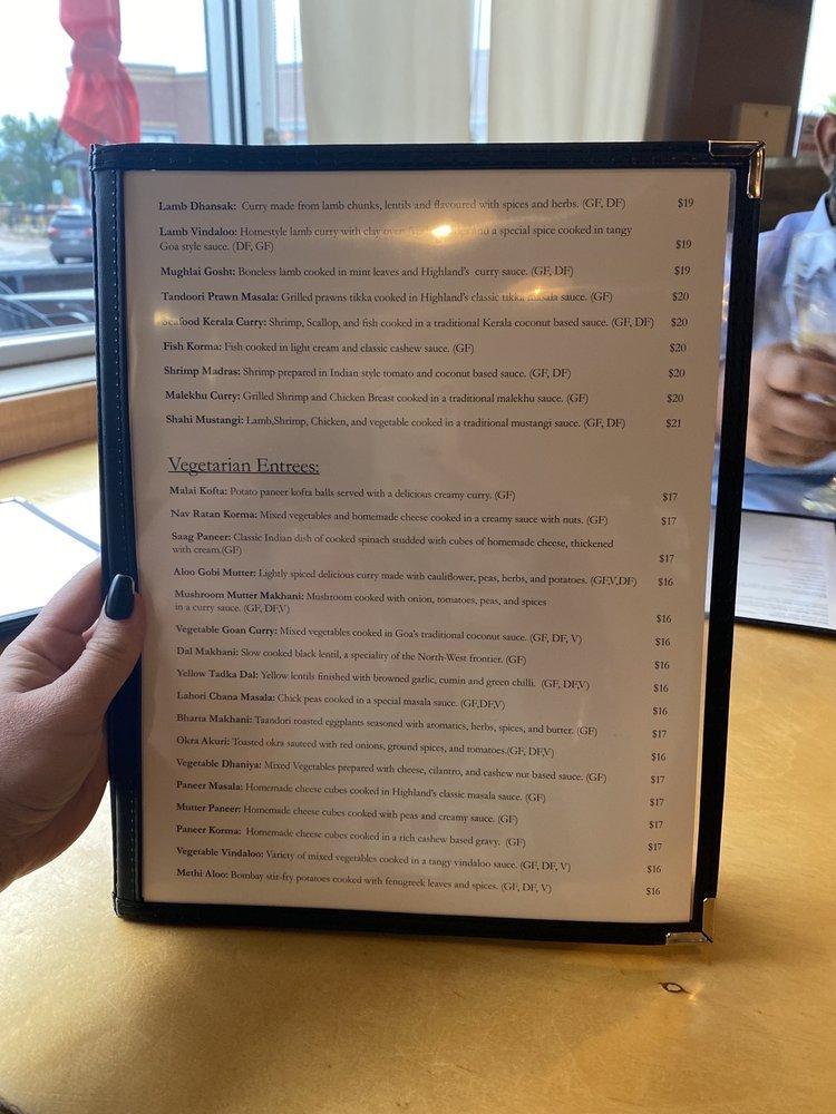 Menu at Highlands Indian Cuisine restaurant, Highlands Ranch