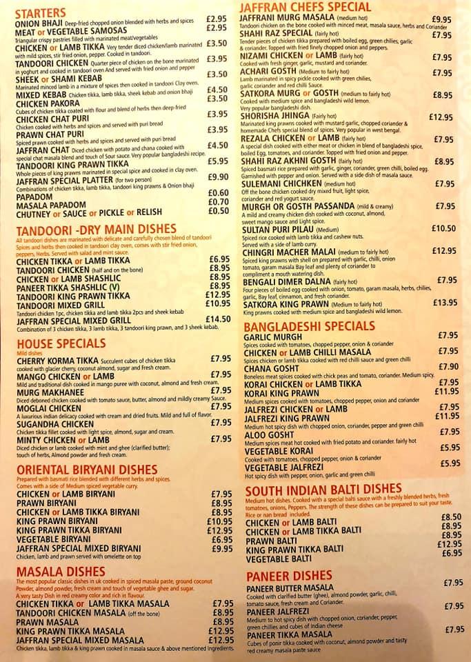 Menu at Jaffran Indian Restaurant and Takeaway, Freshwater