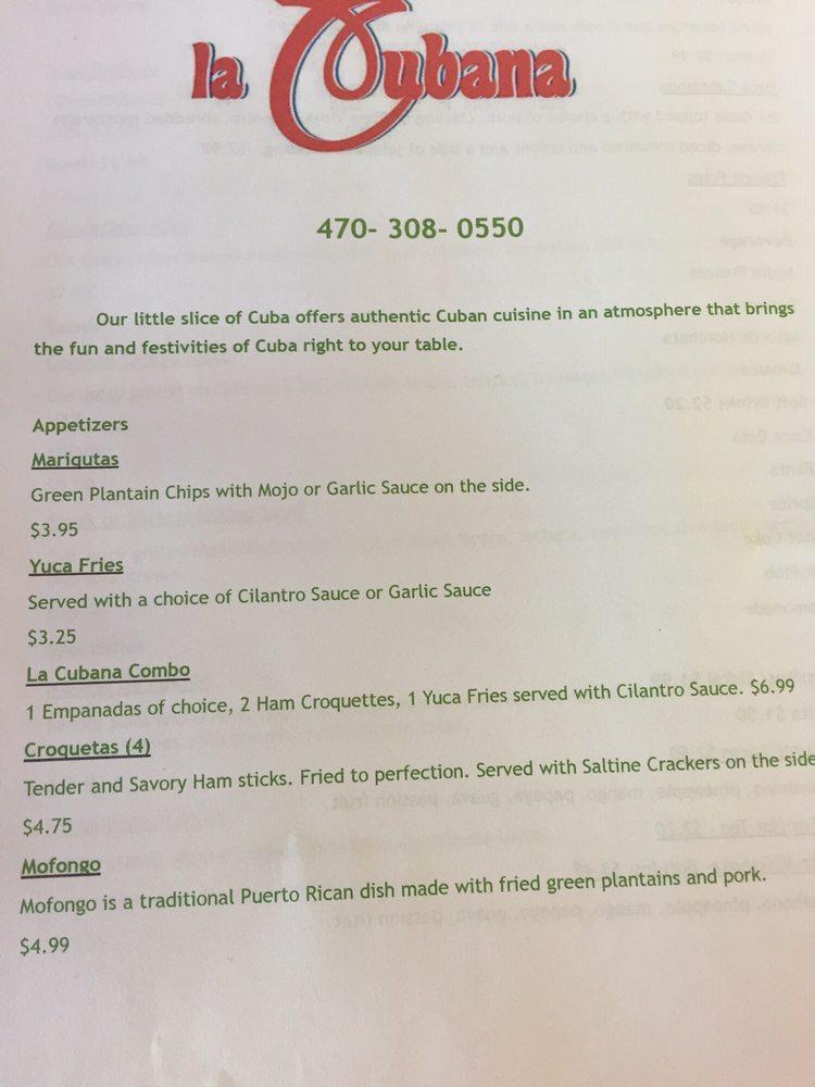 Carta del restaurante La Cubana, Marietta, 45 South Marietta Pkwy SW