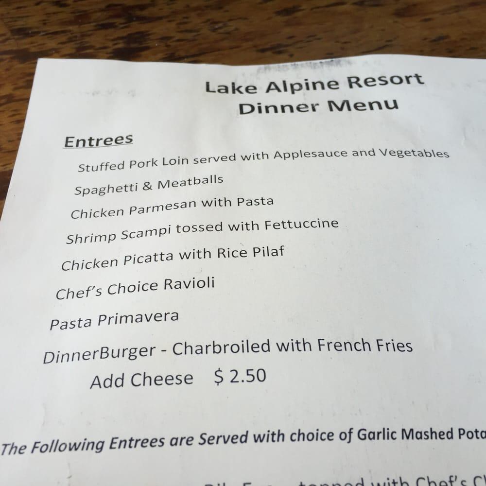 Menu at Lake Alpine Resort restaurant, Bear Valley, Hwy 4