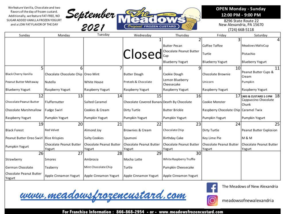 Menu at Meadows Original Frozen Custard pub & bar, New Alexandria