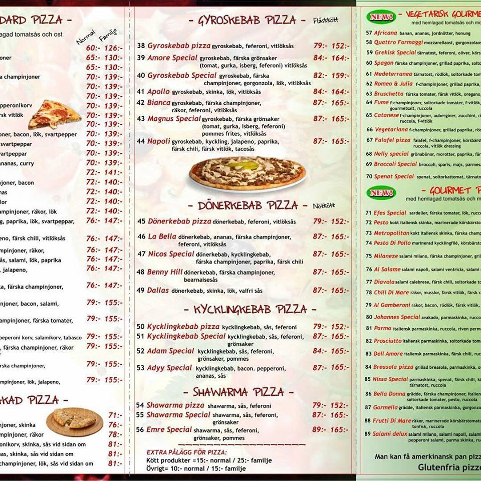 Menu at Pizzeria Amore, Malmö